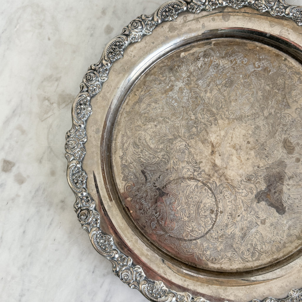 Vintage round floral silverplate tray. – Oliver and Rust